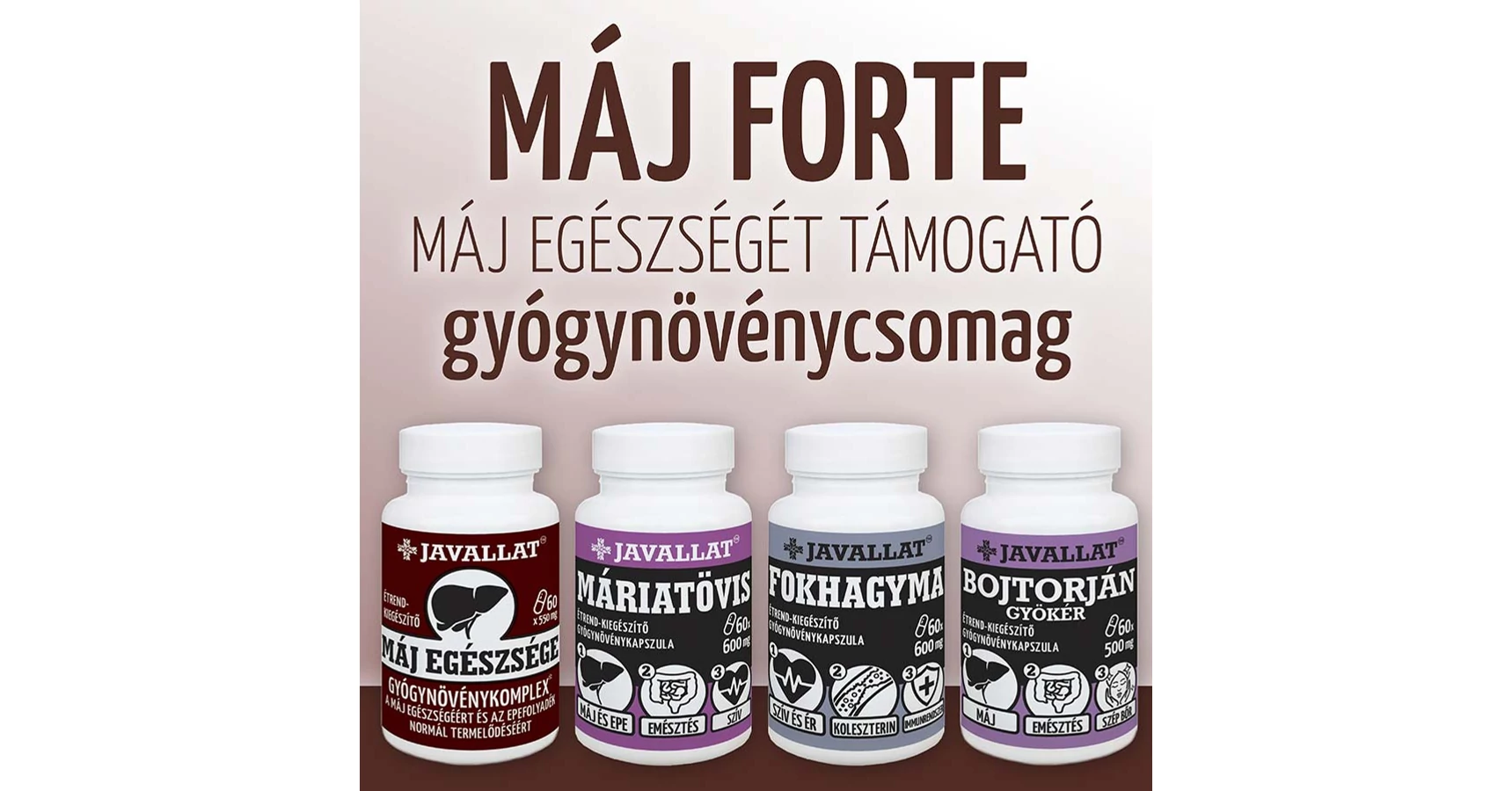 MÁJMŰKÖDÉST TÁMOGATÓ gyógynövénycsomag JAVALLAT termékekből összeállítva.